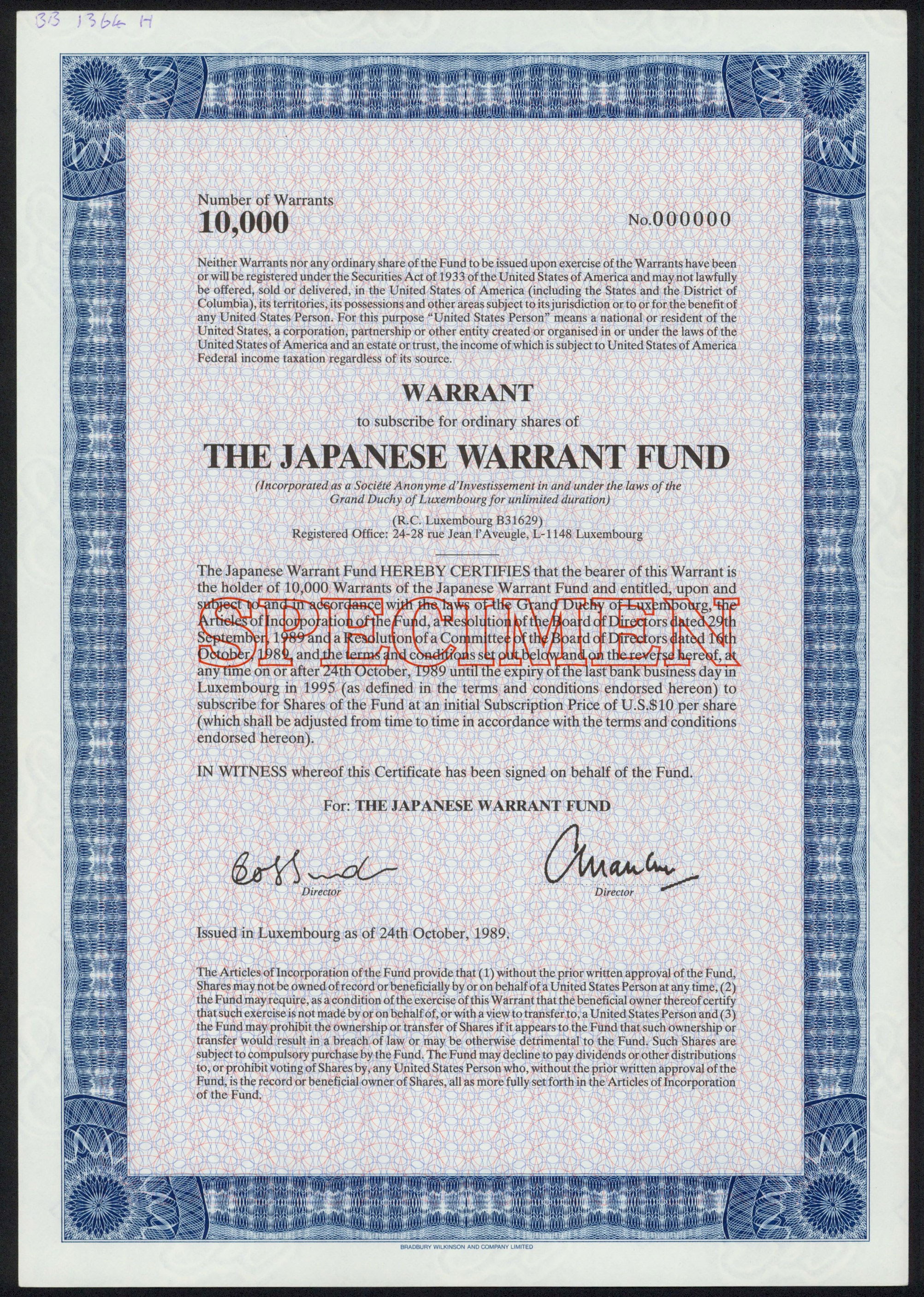 Luksemburg, The Japanese Warrant Fund, SPECIMEN Obligacji 10.000 ...