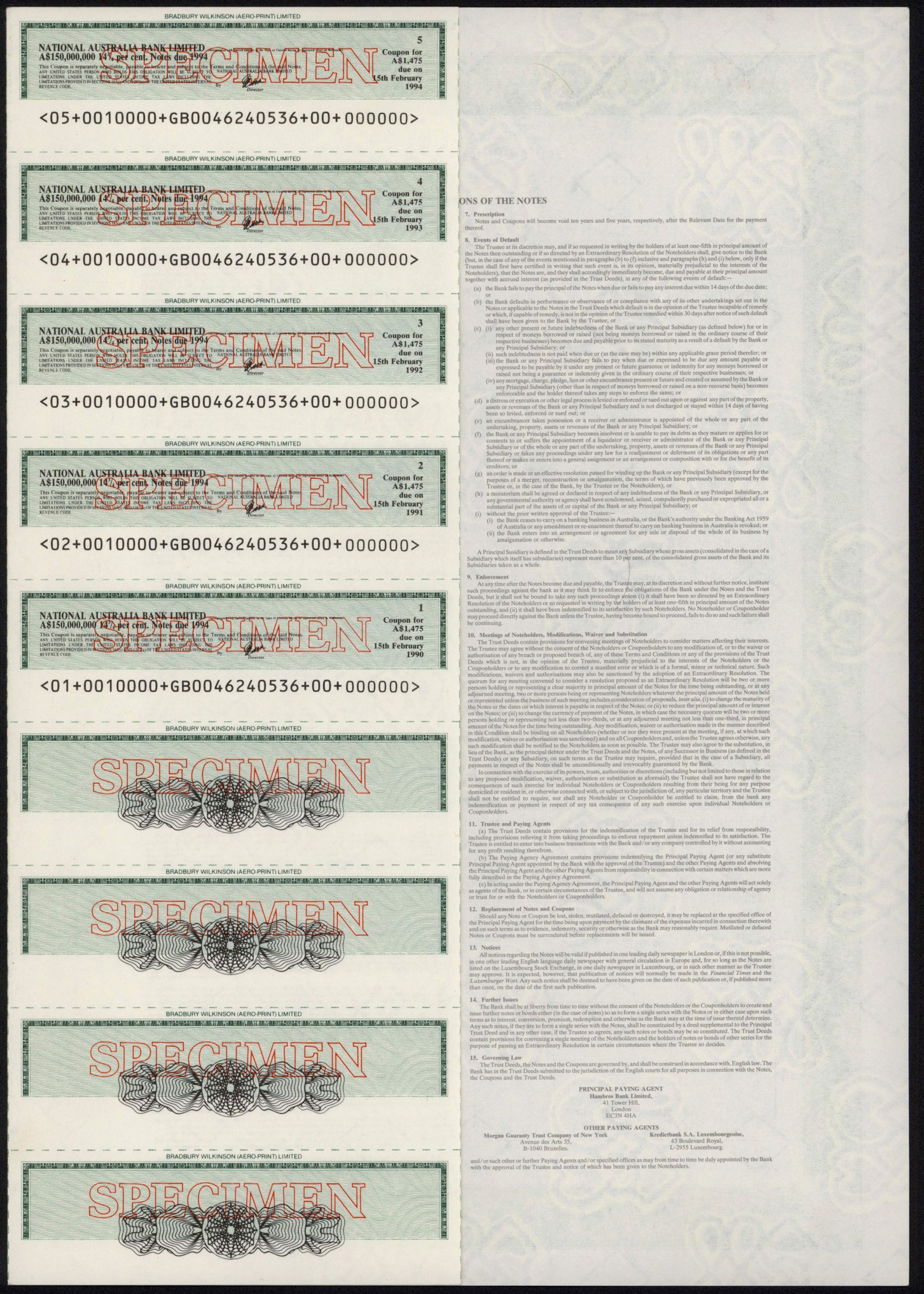 Australia, National Australia Bank, SPECIMEN Obligacji 10.000 Dolalrs ...