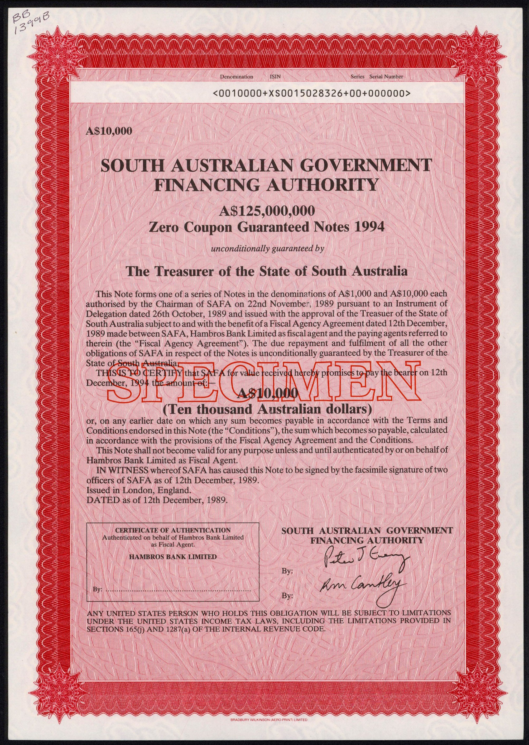 Australia, South Australian Government Financing Authority, SPECIMEN ...