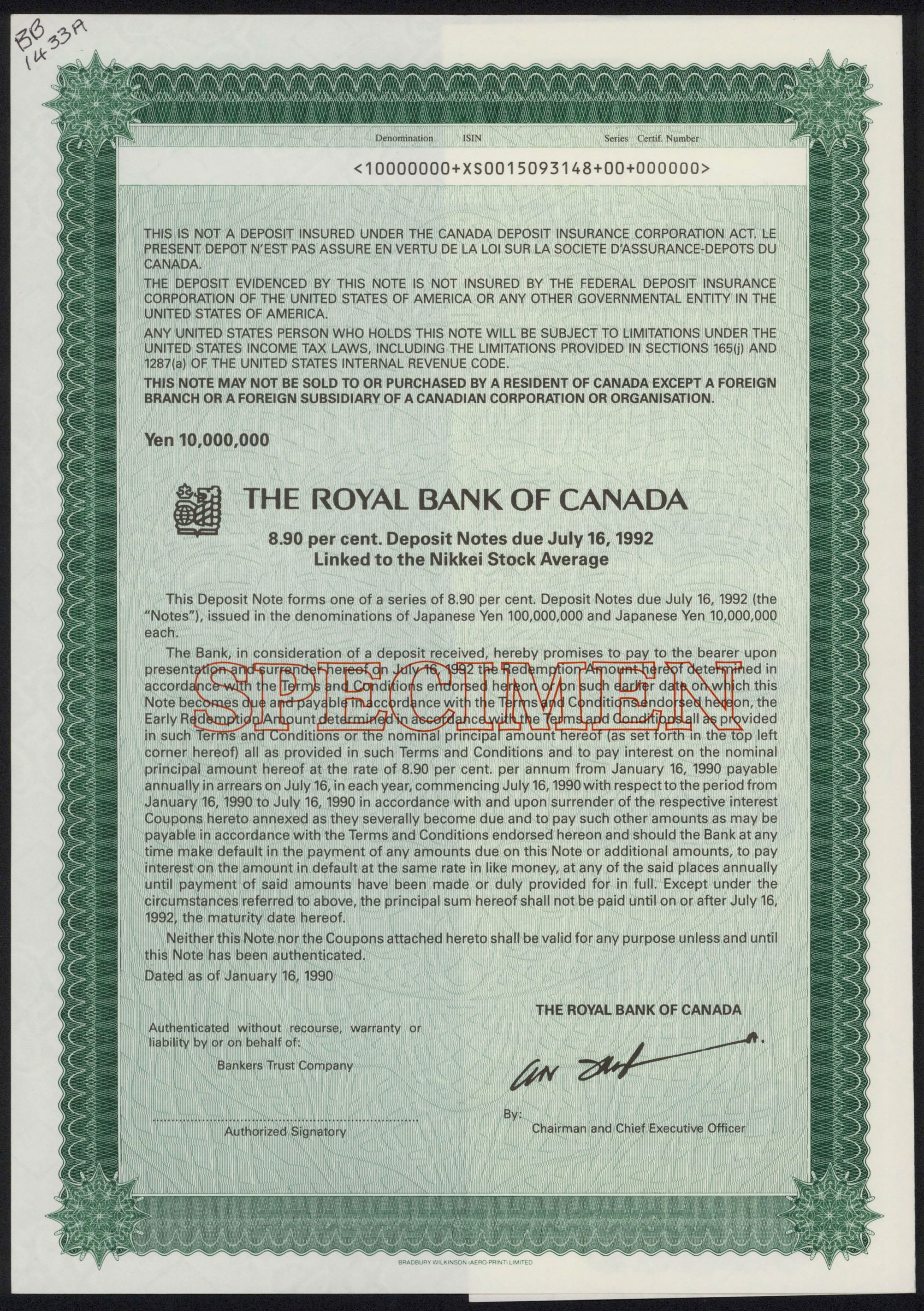 Japonia, The Royal Bank of Canada, SPECIMEN Obligacji 10 mln Yen 1990 ...