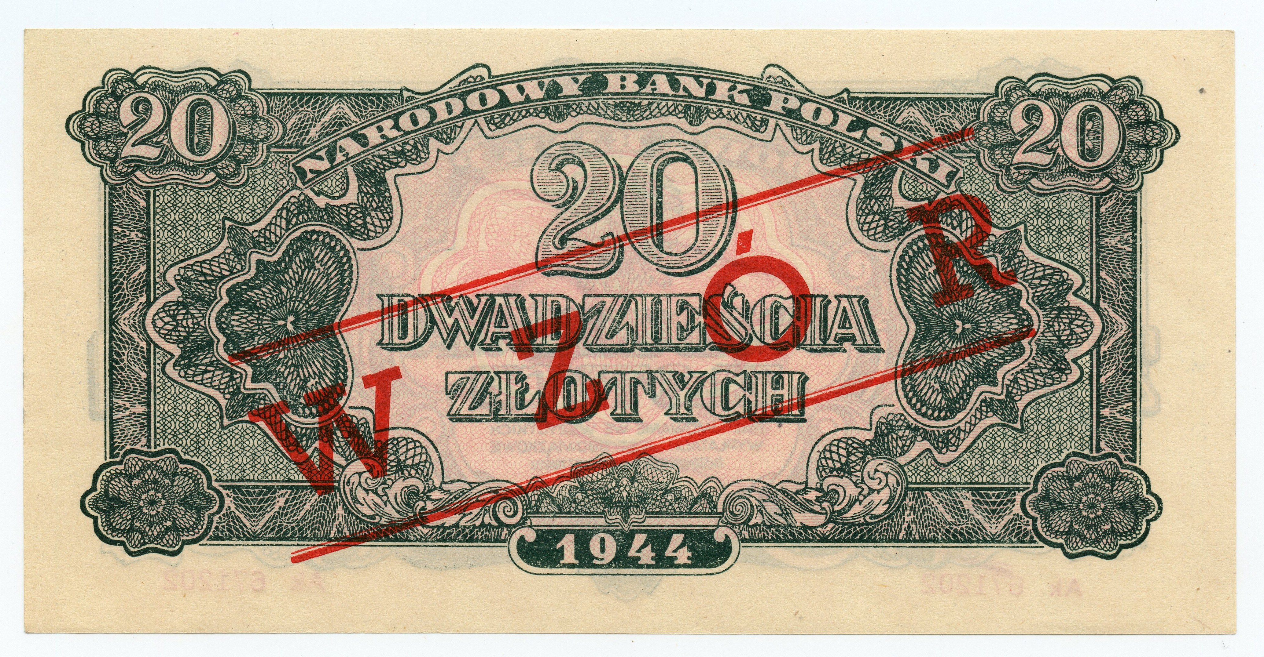 20 złotych 1944, obowiązkowe, seria Ak 671202, WZÓR - Aukcja ...