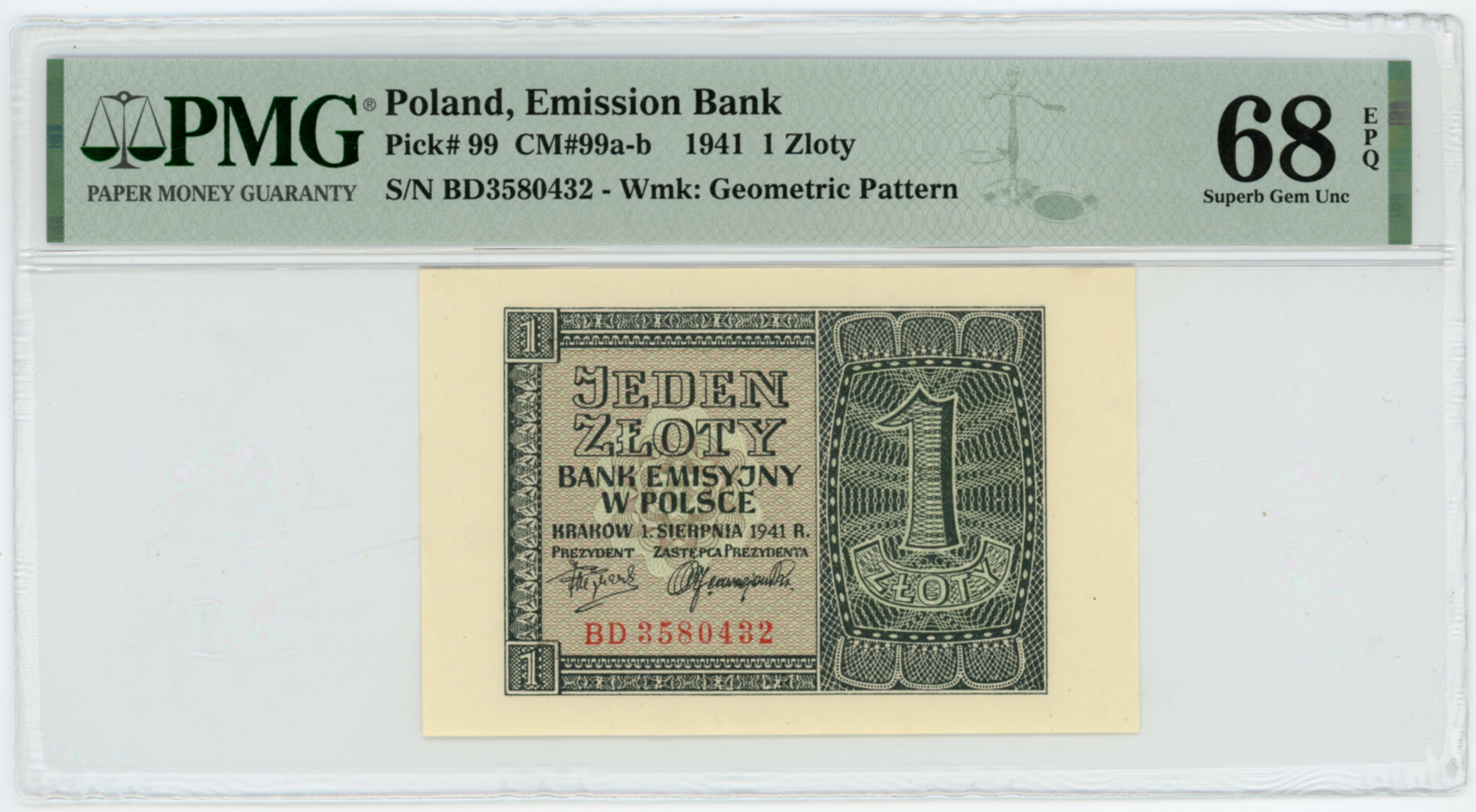 1 złoty 1941, seria BD, PMG 68 EPQ, TOP POP - Aukcja internetowa / Licytacja online - Cena - OneBid