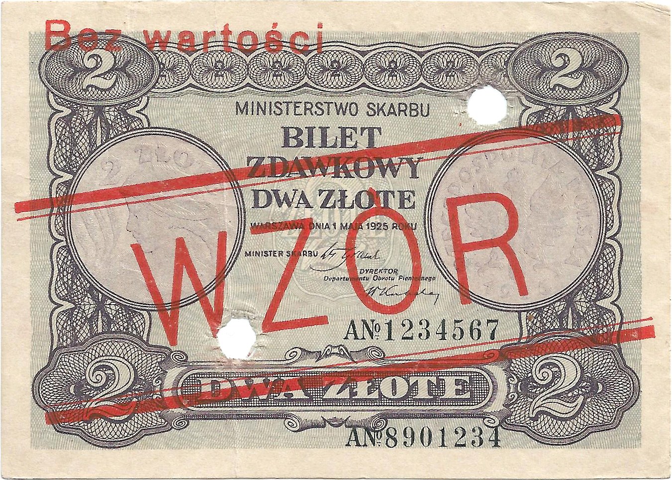 2 złote 01.05.1925, seria A 1234567 / A 8901234, WZÓR. - Aukcja ...