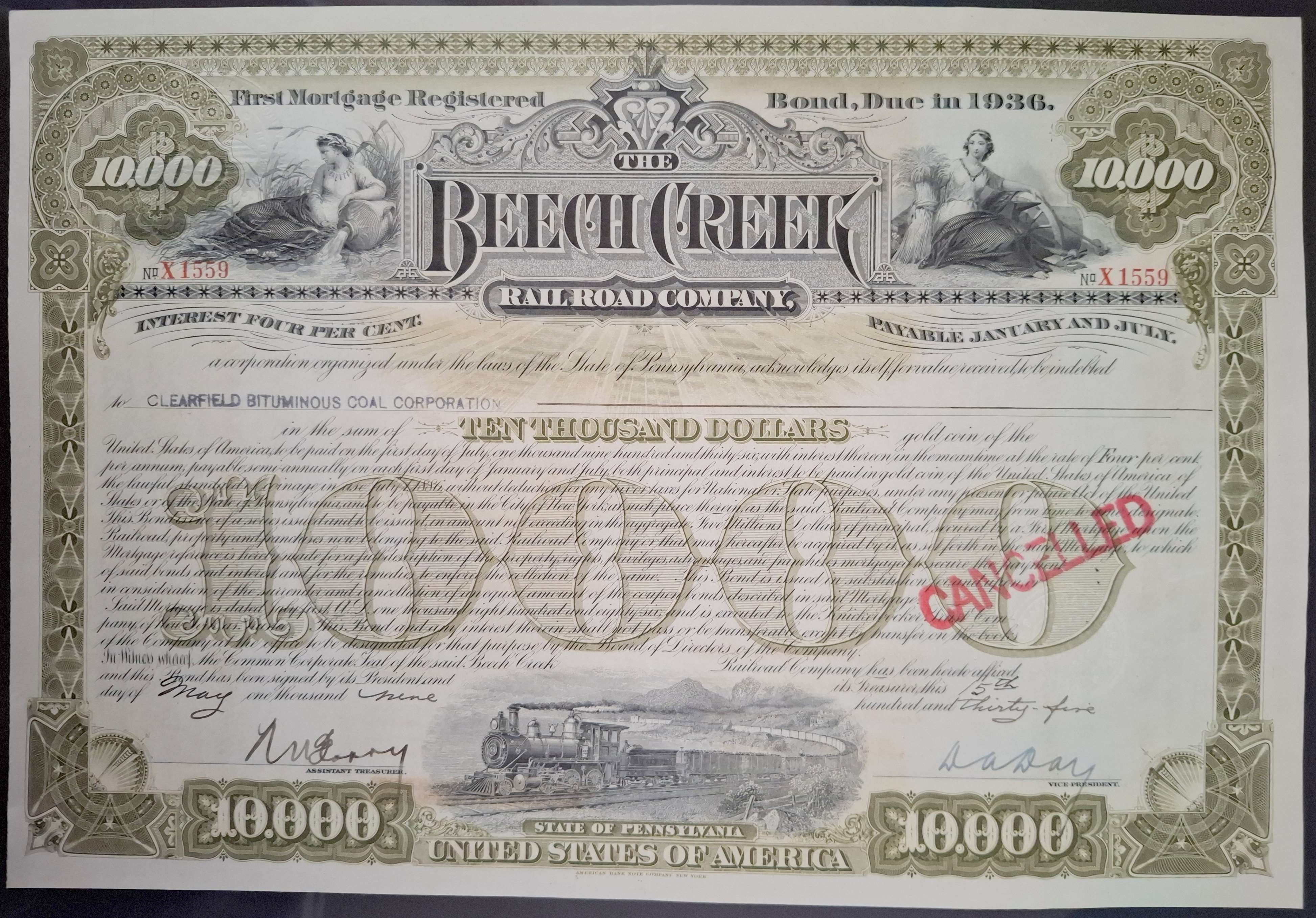 1935. THE BEECH CREEK RAILROAD COMPANY 10 000 USD - Aukcja internetowa ...