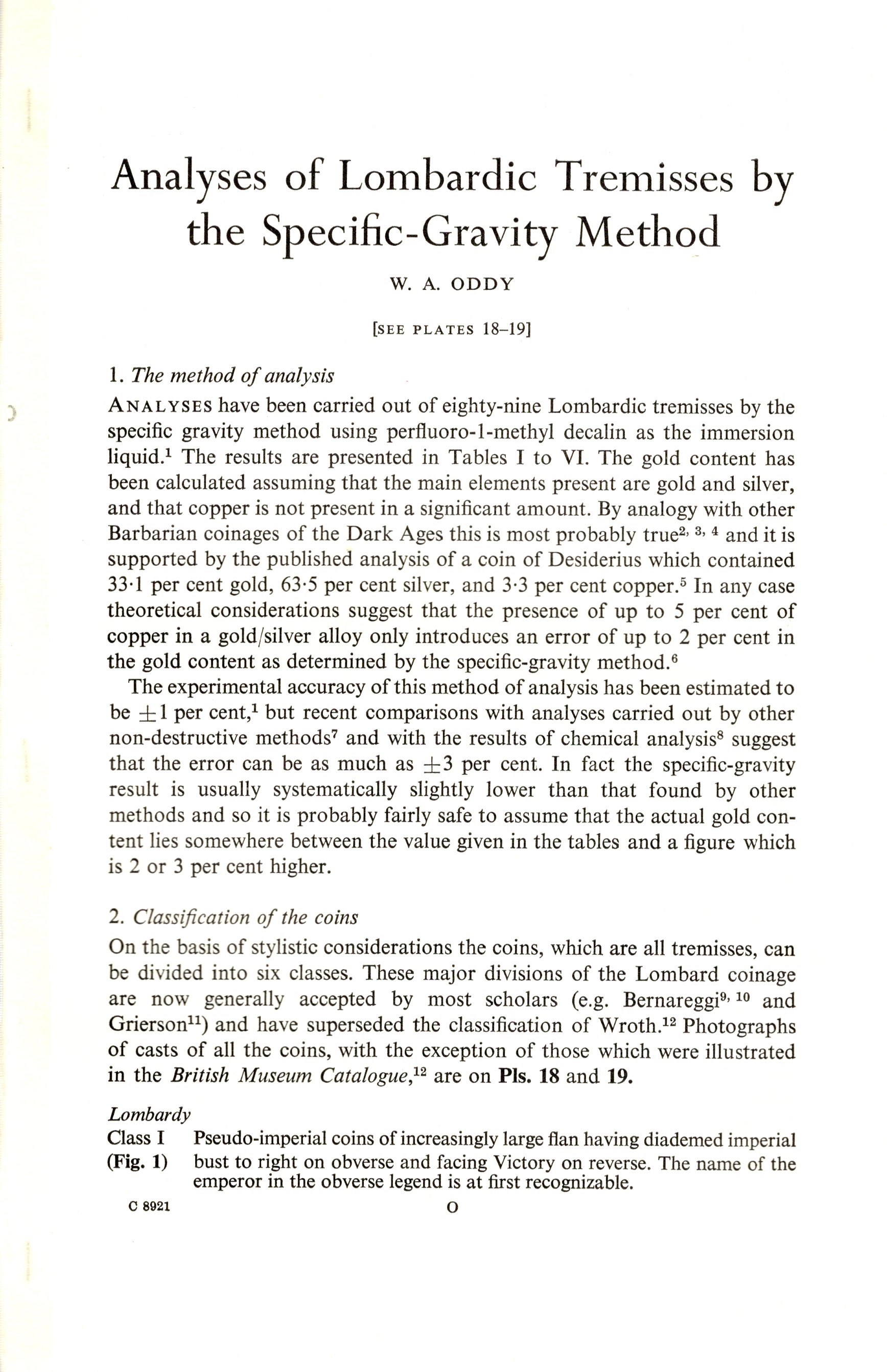 ODDY W. A. - Analizy tremissów lombardzkich metodą ciężaru właściwego ...