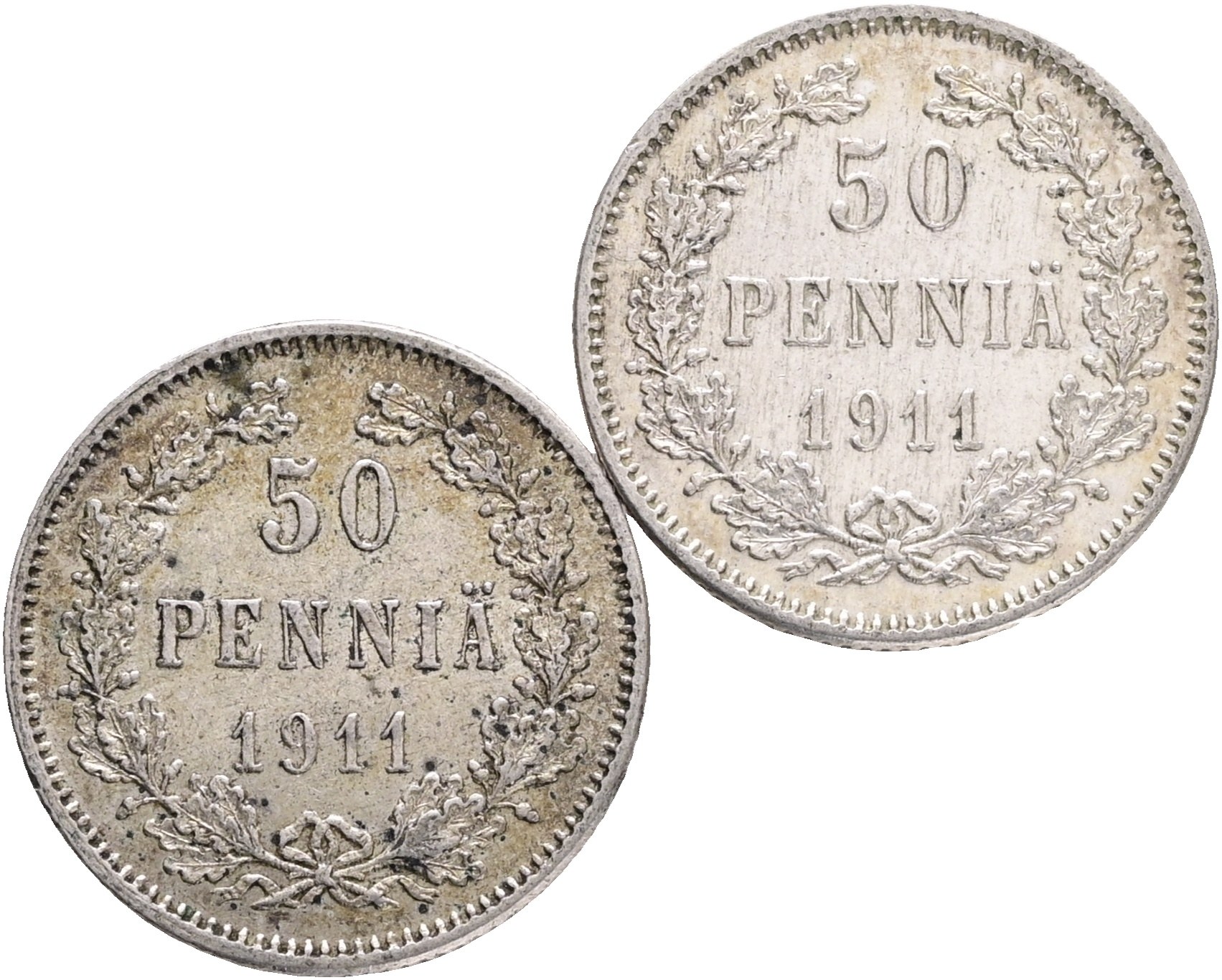 NICHOLAS II. 1894-1917, lot 2 monety 50 Penniä 1911 L Helsinki , KM#2.2 Ag.750 2,55g 18,6mm ...