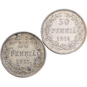 NICHOLAS II. 1894-1917, lot 2 monety 50 Penniä 1911 L Helsinki , KM#2.2 Ag.750 2,55g 18,6mm ...