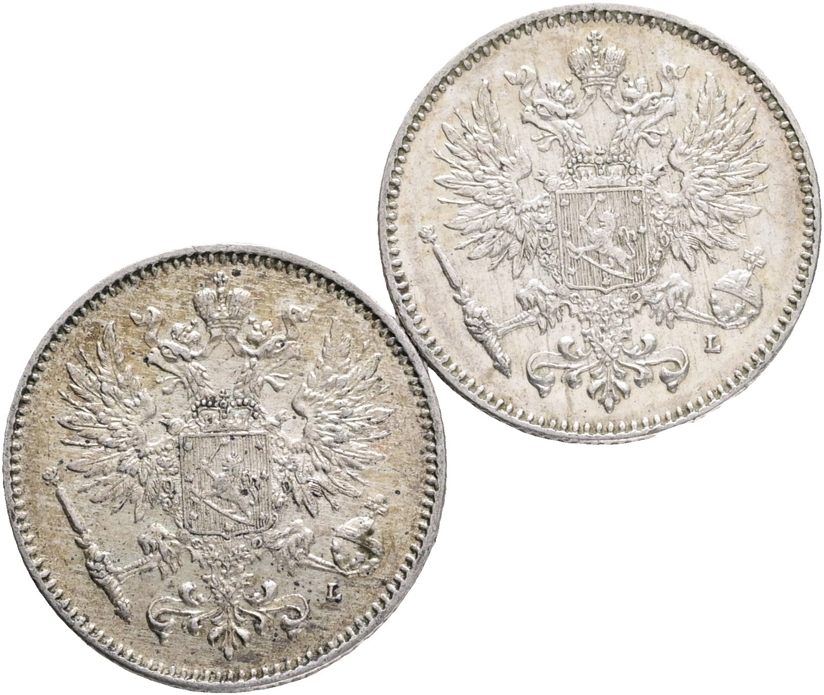 NICHOLAS II. 1894-1917, lot 2 monety 50 Penniä 1911 L Helsinki , KM#2.2 Ag.750 2,55g 18,6mm ...