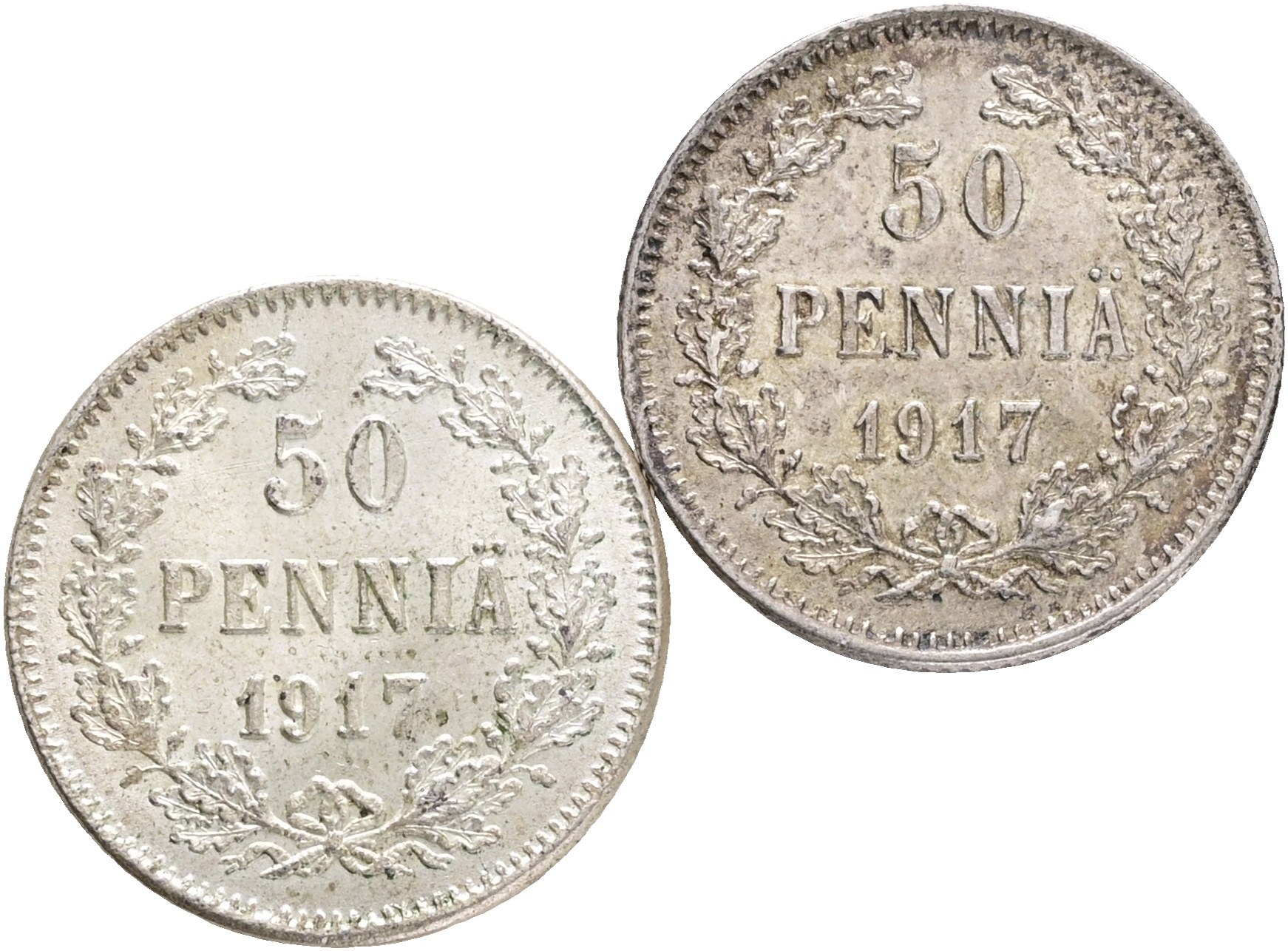 NICHOLAS II. 1894-1917, lot 2 monety 50 Penniä 1917 S Helsinki , KM#2.2 Ag.750 2,55g 18,6mm ...