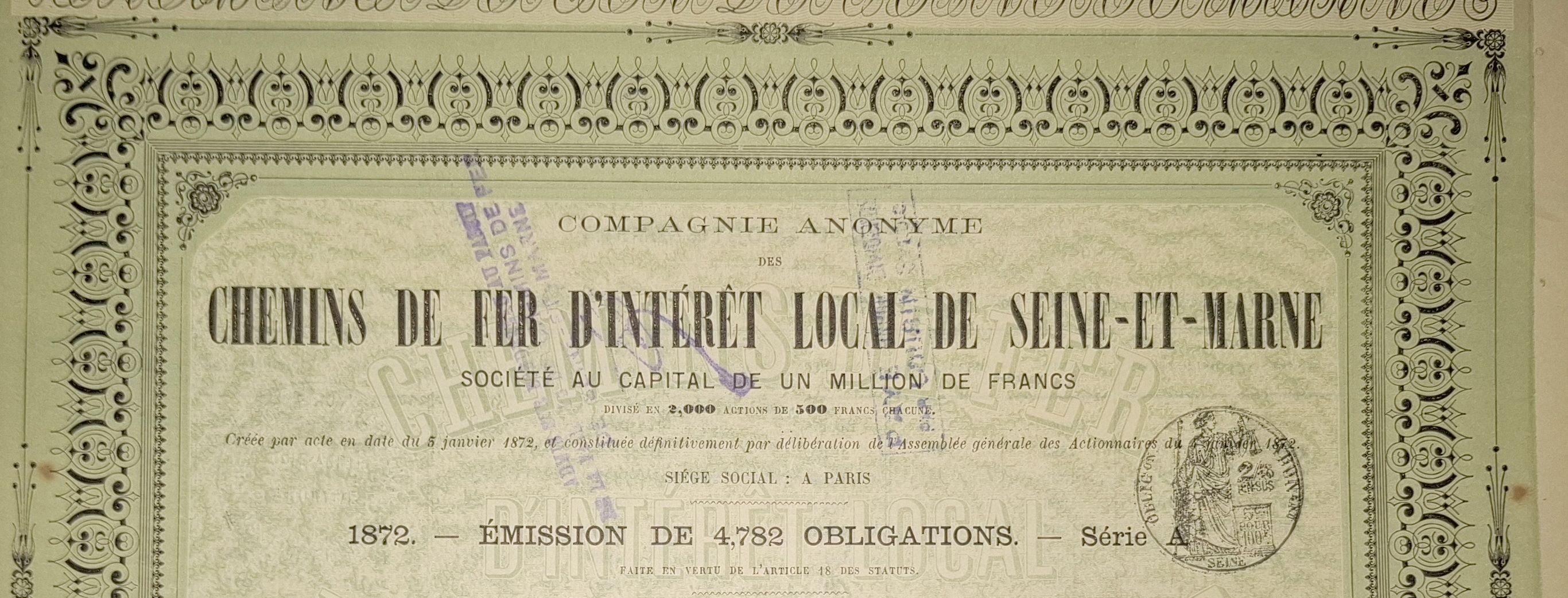 1872. KOLEJ DEPARTAMENTU SEKWANA-MARNA. Chemins de Fer de Seine-et-Marne. - Aukcja internetowa ...