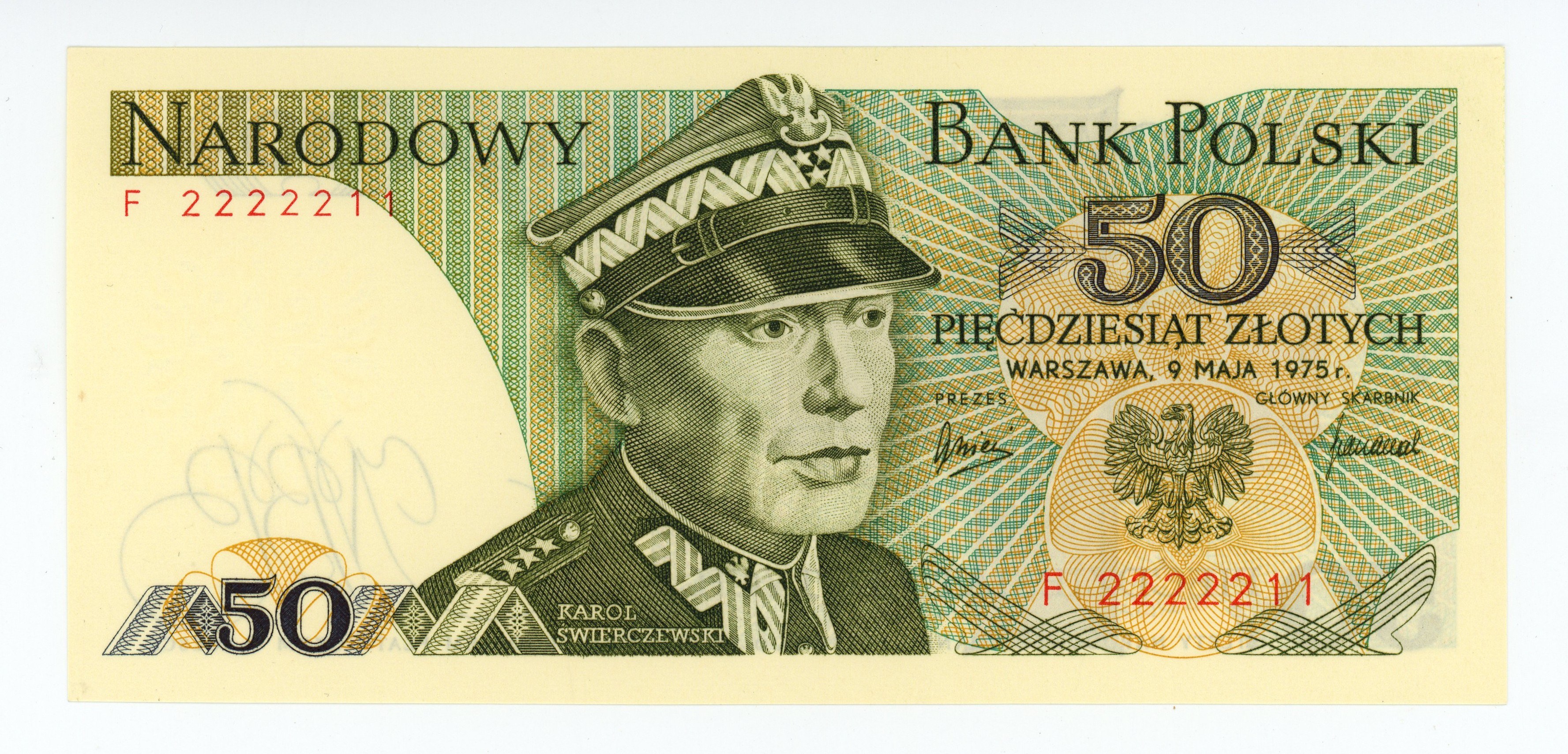 50 złotych 1975, seria F 2222211, atrakcyjna numeracja, rzadka seria ...