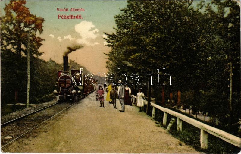 1910 Félixfürdő, Baile Felix; vasútállomás, gőzmozdony, vonat. Singer ...