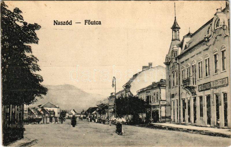 Naszód, Nasaud; Fő utca, Pollák és Siegelstein üzlete / main street ...