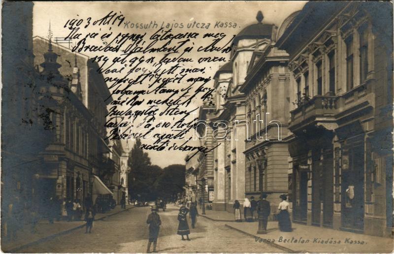 1903 Kassa, Kosice; Kossuth Lajos utca, Vitéz A. üzlete. Varga Bertalan kiadása / street, shops ...
