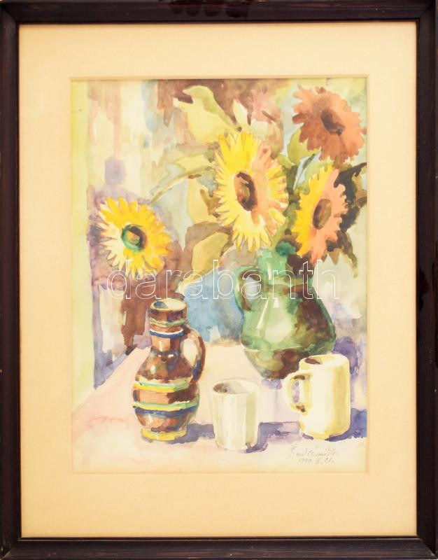 Szendrő Miklós: Napraforgós csendélet. Akvarell, papír, jelzett ...