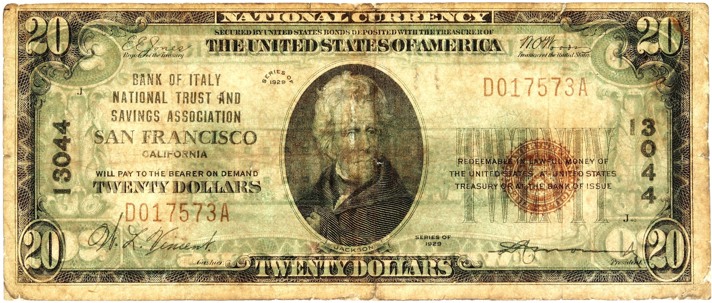 USA, National Currency, California, Bank of Italy National Trust and ...